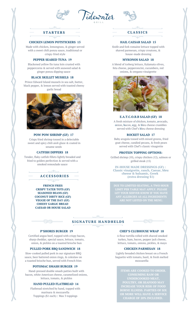 Tidewater Grill Lunch/Dinner Menu - Potomac Shores Golf Club