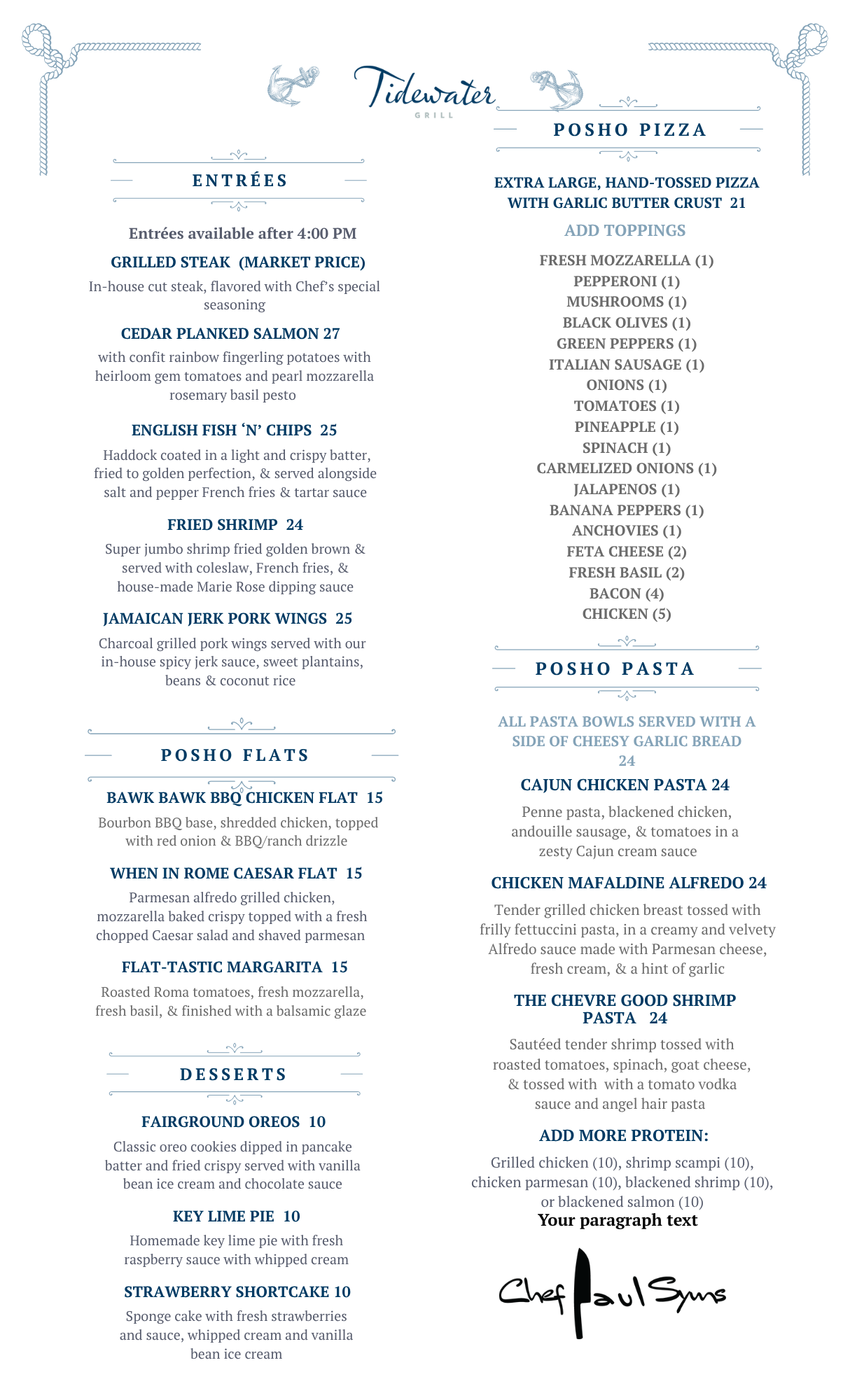 Tidewater Grill Lunch/Dinner Menu - Potomac Shores Golf Club