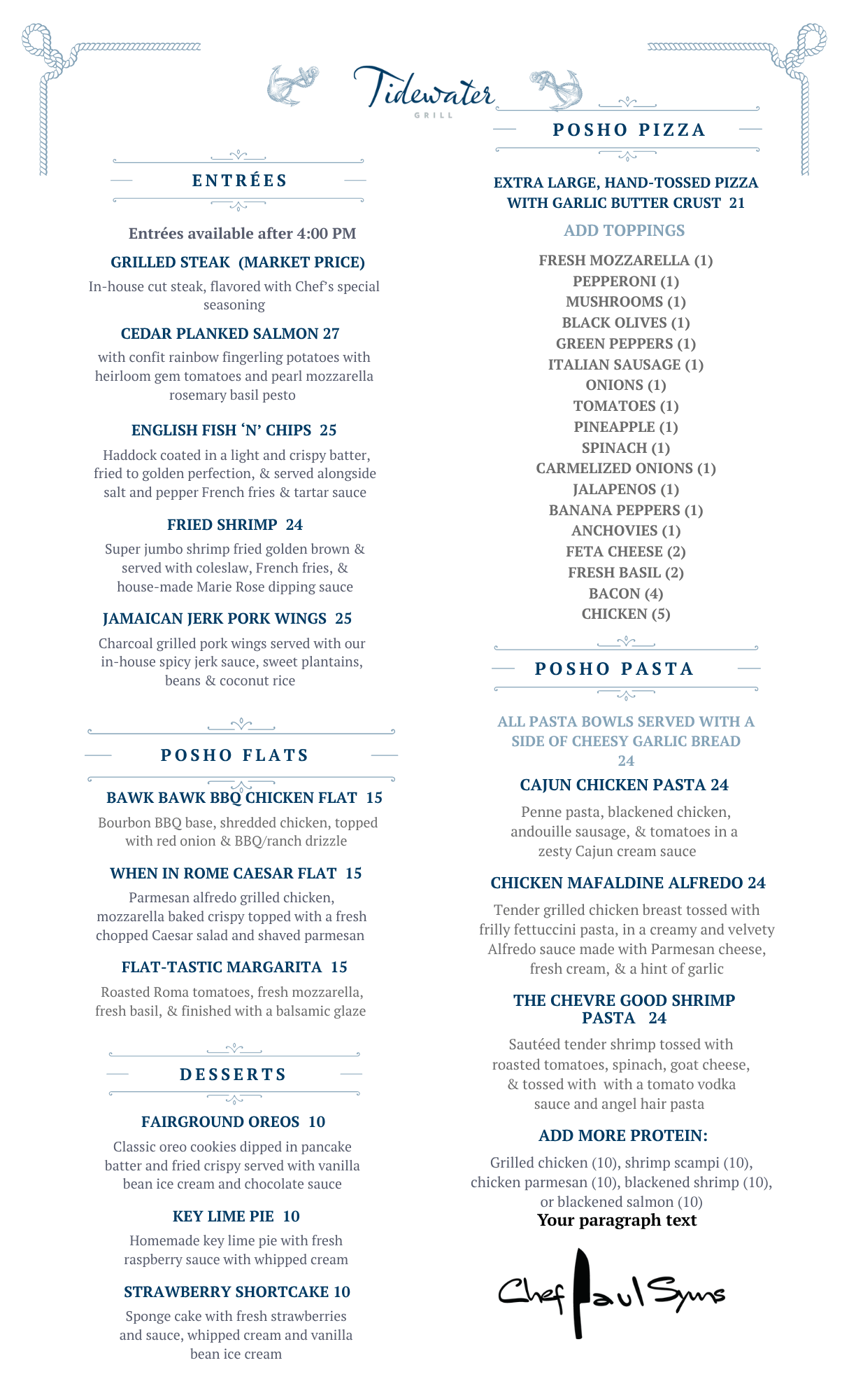 Tidewater Grill Lunch/Dinner Menu - Potomac Shores Golf Club