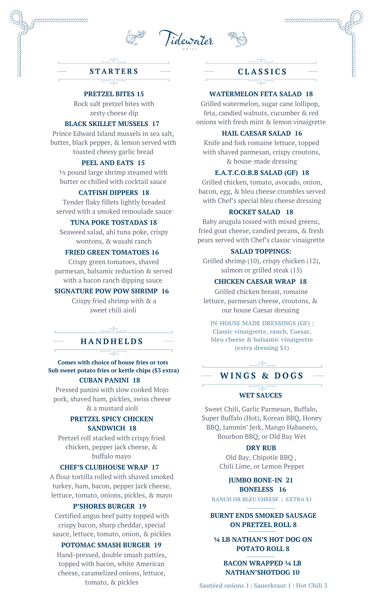 Tidewater Grill Lunch/Dinner Menu - Potomac Shores Golf Club